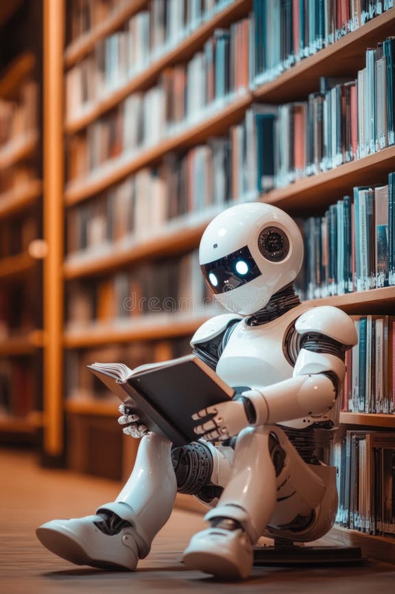 A Robot Sitting in a Library, Reading a Book from a Shelf Stock Photo ...