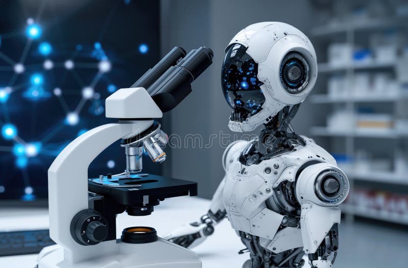 Robot Sitting by a Microscope Stock Illustration - Illustration of ...