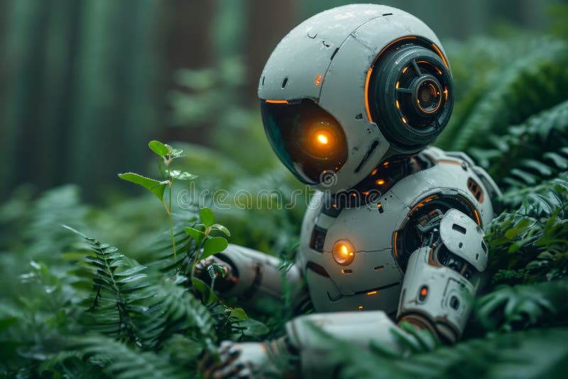 Robot Sitting in the Middle of a Green Forest. Stock Illustration ...