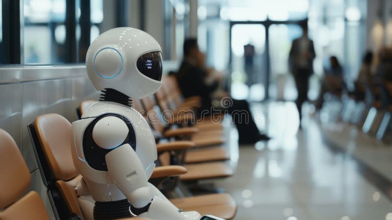 Robot Sitting in a Modern Waiting Area among Humans, Symbolizing the ...