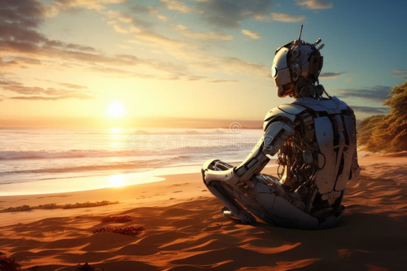 Robot Sitting Outdoors and Looking at the Sunset. Concept of Reflection and Relaxation Stock ...