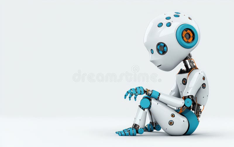 Robot Sitting in Pensive Pose White Background Stock Illustration ...
