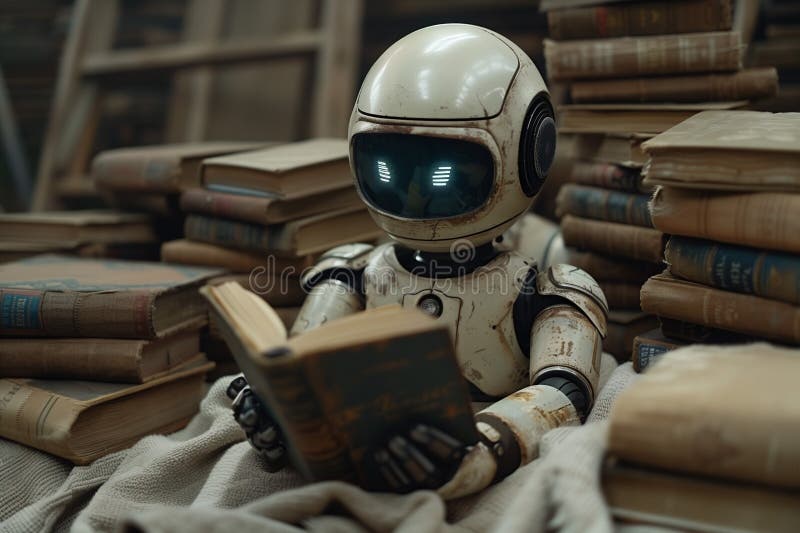 A Robot Sitting on a Pile of Books Reading a Book Stock Image - Image ...
