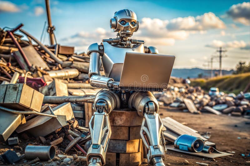 A Robot is Sitting on a Pile of Trash and Using a Laptop. Stock ...