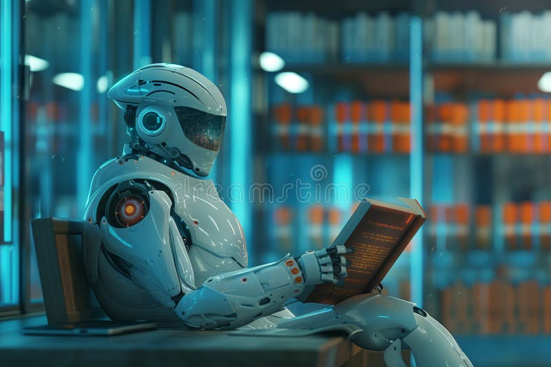 Robot Sitting and Reading Book in Library. Modern Artificial Intelligence Machine Learning and ...