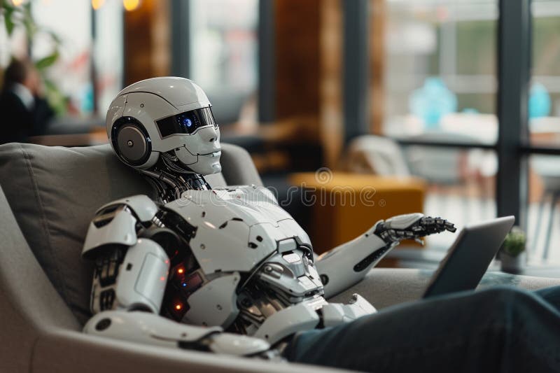 The Robot Sitting on the Sofa on Blurred Background. Artificial ...