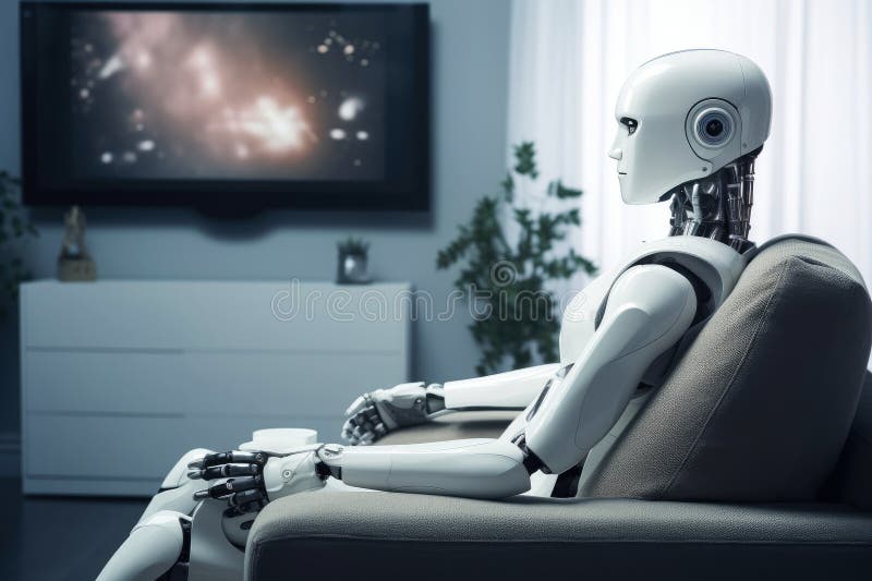Robot is Sitting on the Sofa in the Living Room. Robotization of People ...