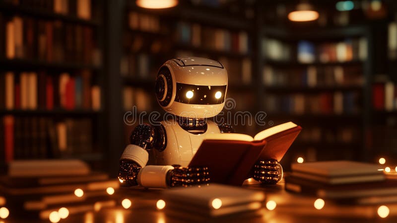 Robot Sitting in Front of Bookshelves in a Library Stock Photo - Image ...