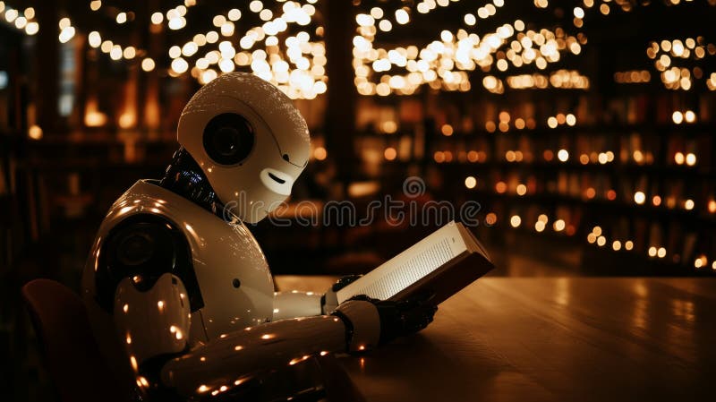 Robot Sitting in Front of Bookshelves in a Library Stock Photo - Image ...