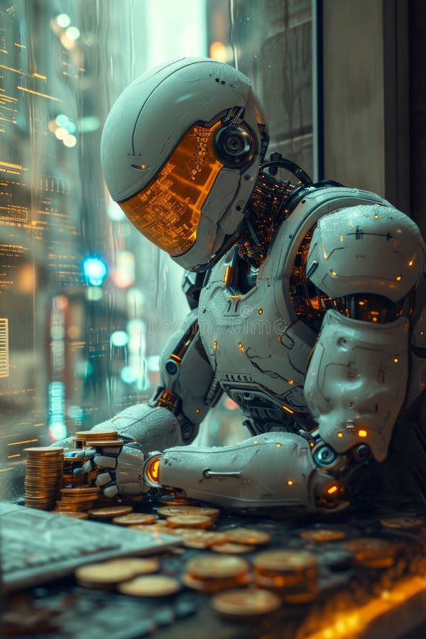 Robot Sitting in Front of Bookshelves in a Library Stock Photo - Image ...