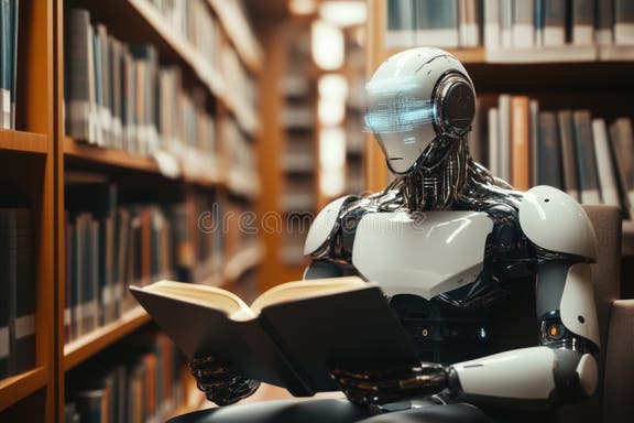 A Robot Sitting at a Table in a Quiet Library, Surrounded by Books ...