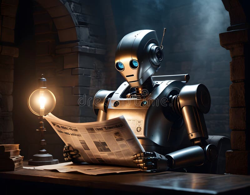 A Robot is Seated at a Table, Engrossed in Reading a Newspaper Stock ...