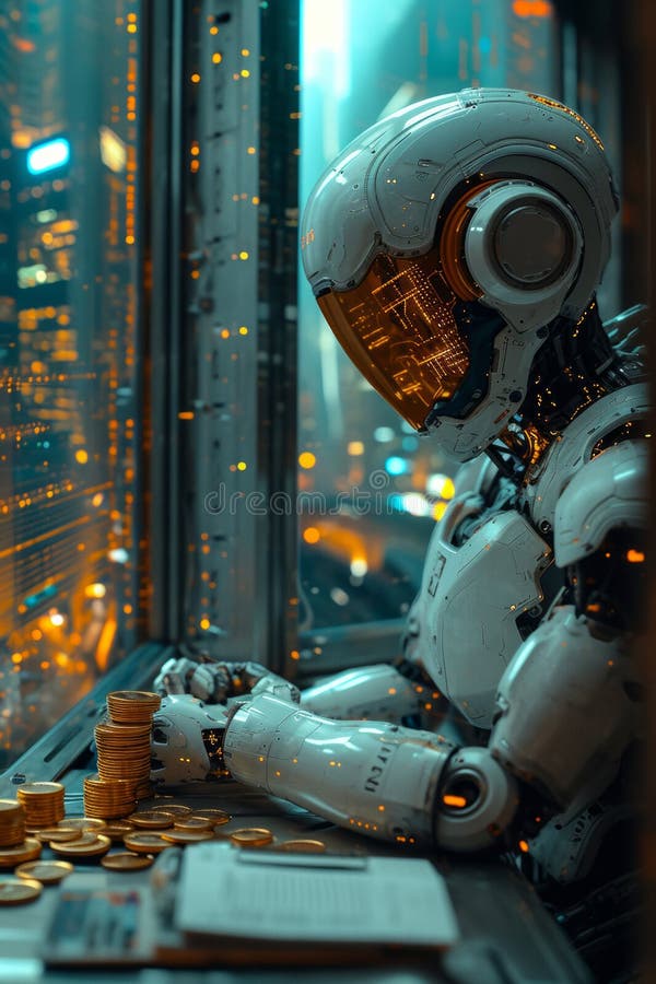 Robot Sitting at Table with Stacks of Coins. Stock Photo - Image of ...