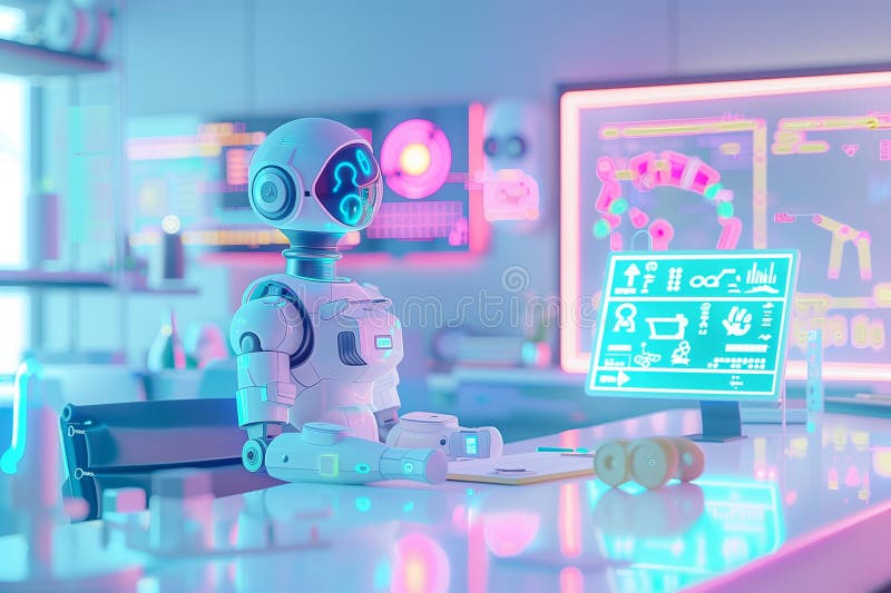 Robot Sitting at the Table and Working on Laptop with Modern Futuristic ...