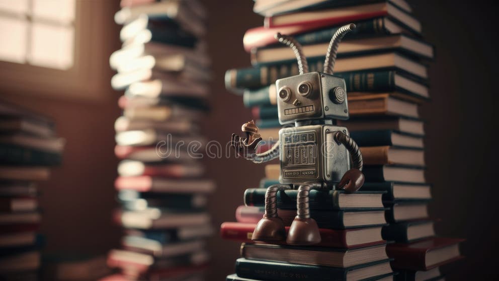 A Robot Sitting on Top of a Stack of Books with an Apple in Its Hand ...
