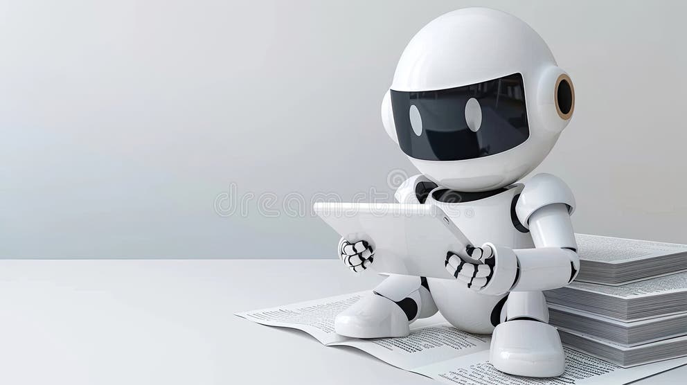 A Robot is Sitting on Top of a Stack of Papers and is Reading a Tablet ...