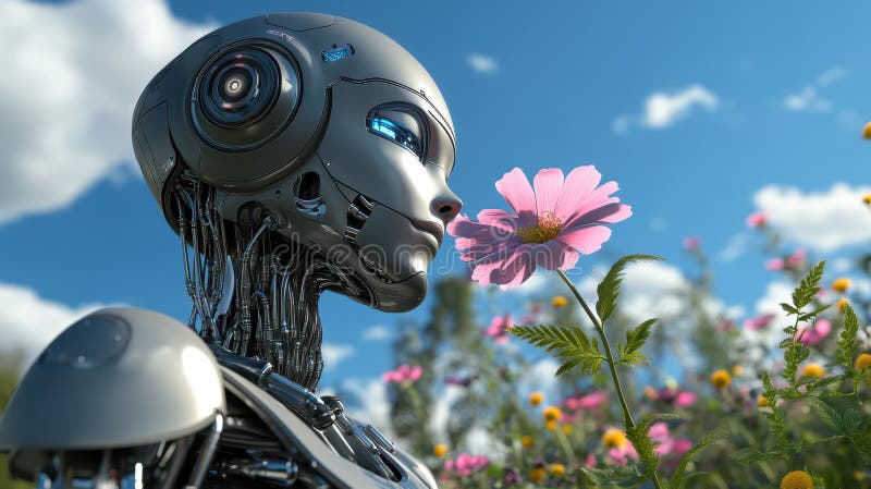 Robot Smelling a Flower a Delicate Encounter with Nature Stock Image ...