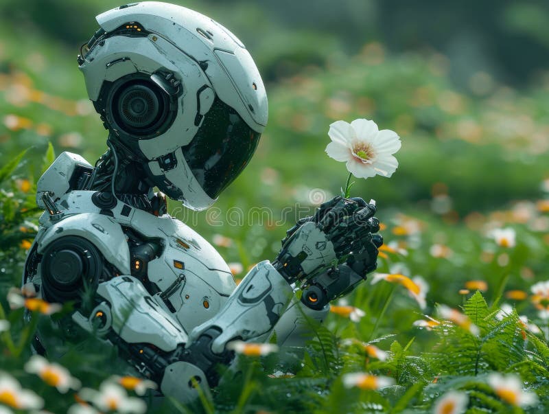 Robot is Smelling Flower. a Humanoid Robot Holding a Flower in it& X27 ...