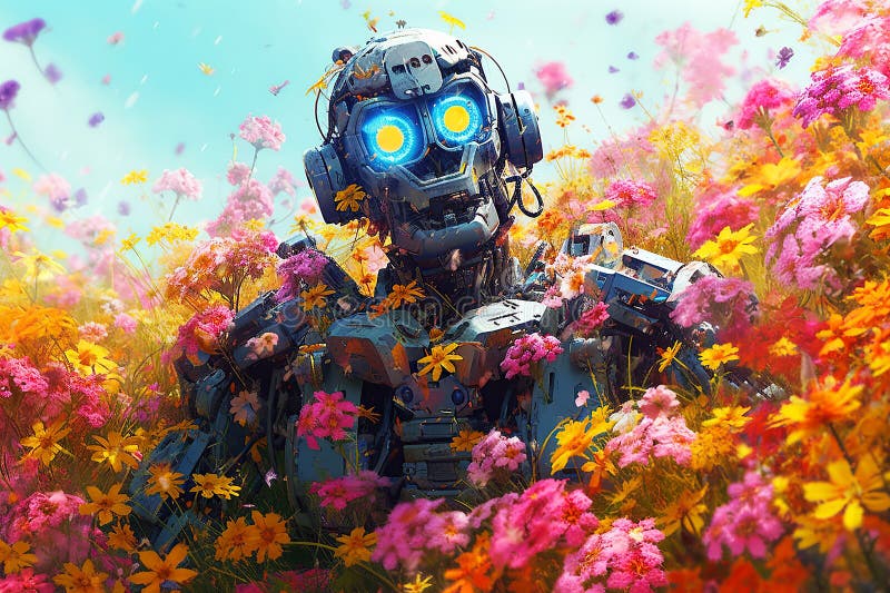 The Robot Smiles and Walks through the Field with Flowers. Generative ...