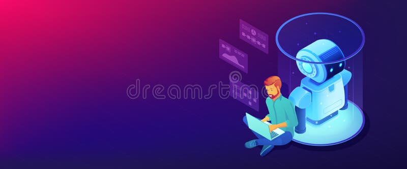 Robot Software Isometric 3D Banner Header. Stock Vector - Illustration ...
