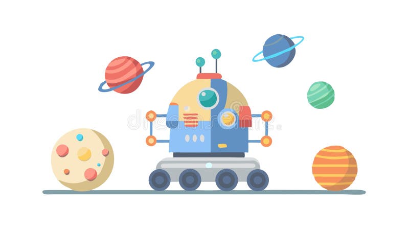 A Robot Space Rover Exploring a Planetary System with Moons, Vector ...