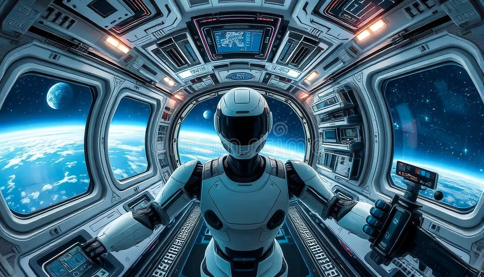 Robot is in a Space Shuttle with a View of the Earth Stock Photo ...