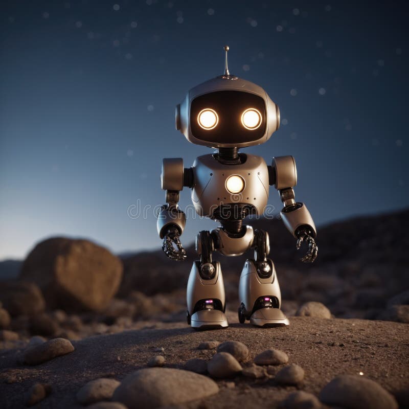 A Robot in Space with Stars and Rocks in the Background Stock ...