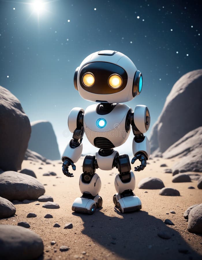 A Robot in Space with Stars and Rocks in the Background Stock ...