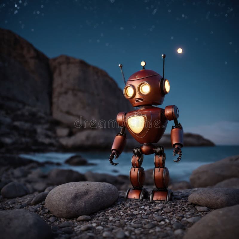 A Robot in Space with Stars and Rocks in the Background Stock ...