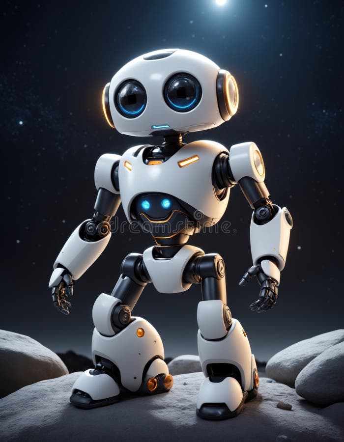 A Robot in Space with Stars and Rocks in the Background Stock ...