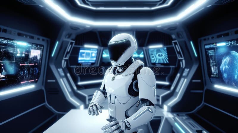 Robot in Spaceship Flying in Space, Earth. AI Generated. Starspace ...