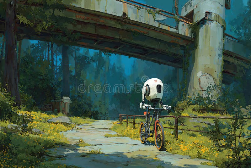 A Robot with a Spherical Head Rides a Bicycle Along a Path in a Forest ...