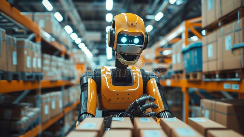 A Robot Stacks Boxes in a Warehouse. Auxiliary Work Work at the Factory ...