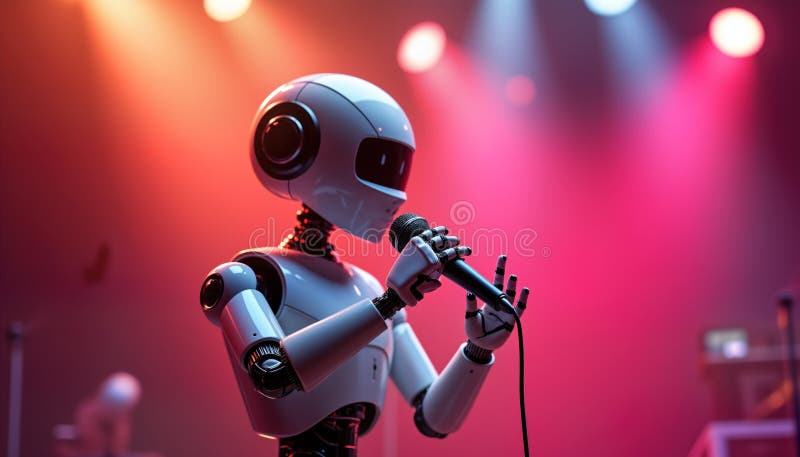 Robot on Stage Holds Microphone. Robot Performs on Concert. Modern Tech ...