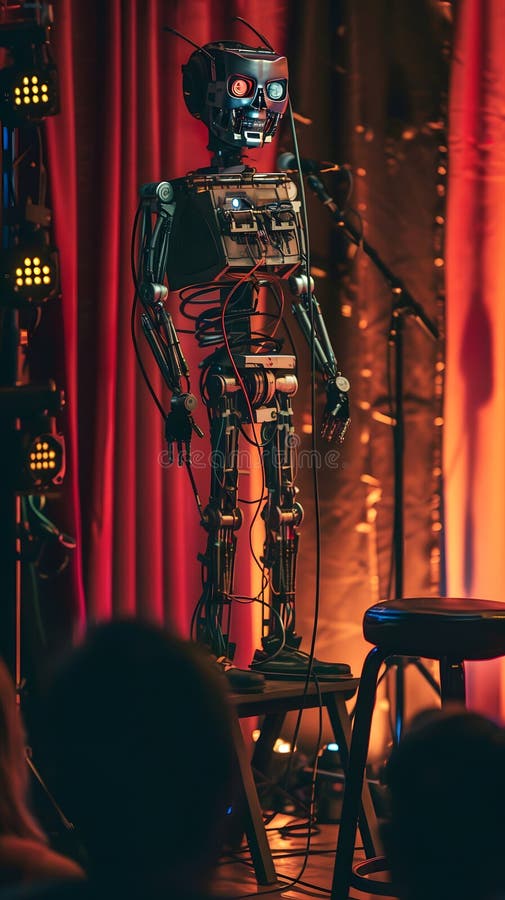 Robot on Stage with Microphone and Red Curtains Lighting Stock Photo ...
