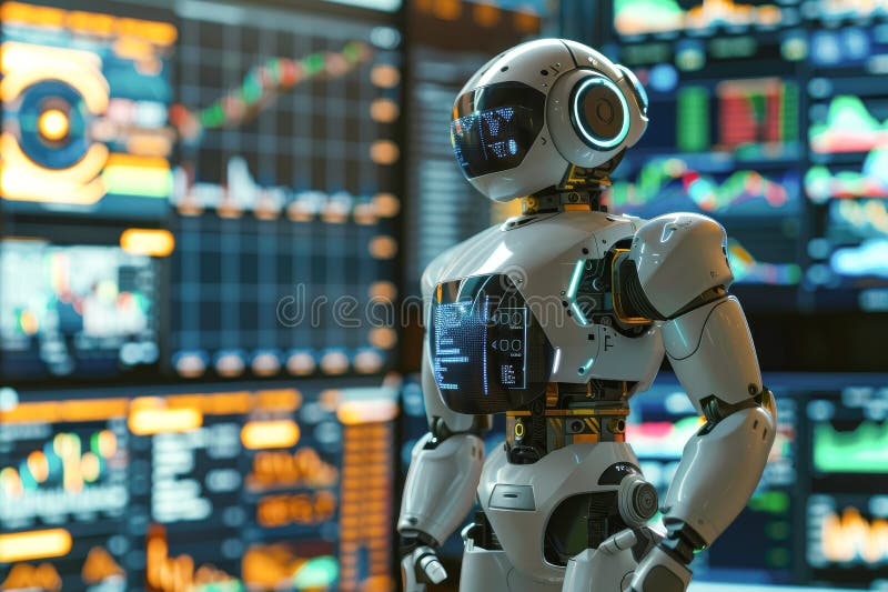A Robot Standing and Analyzing a Business Trading Chart. Computer ...