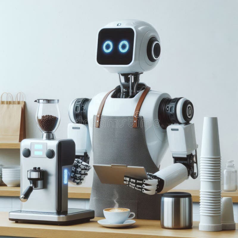 Robot Standing Behind the Counter Making Coffee. Stock Image - Image of ...