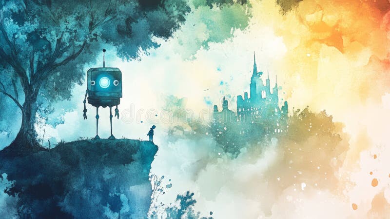 Robot is Standing on a Cliff Next To a Castle Stock Illustration ...