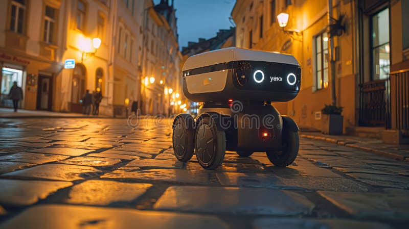 Robot is Standing on a Cobblestone Street at Night Stock Photo - Image ...