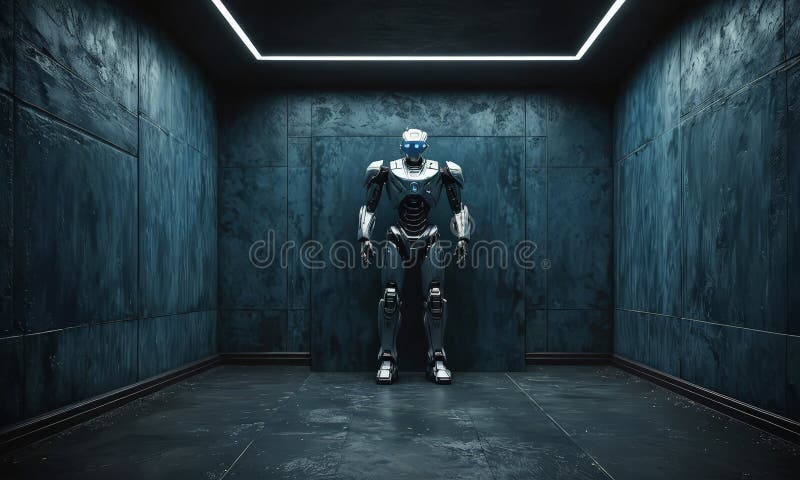 Robot Standing in Dark Room with Light on Stock Illustration ...
