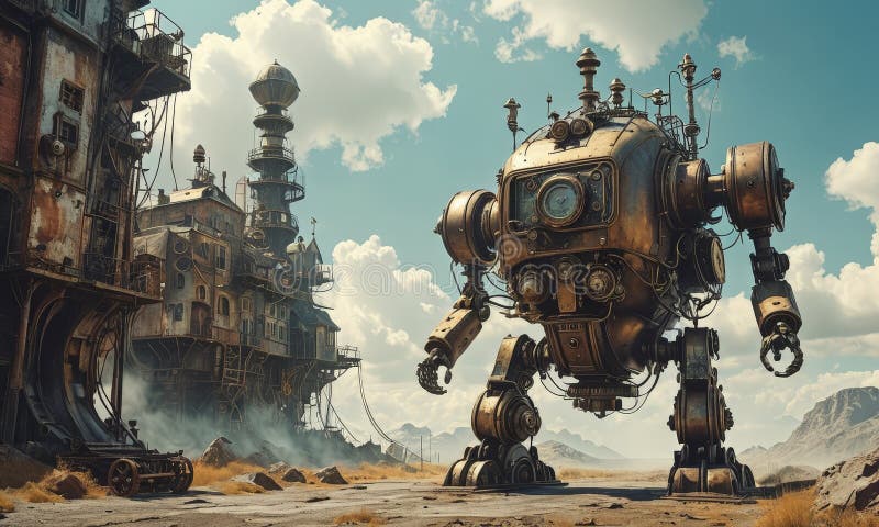 Robot Standing in Desert with Building the Background Stock ...