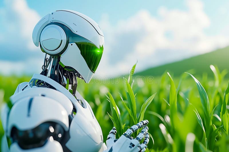 A Robot Standing in a Field of Green Grass Stock Illustration ...