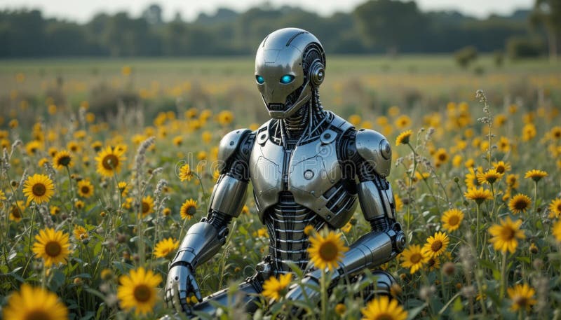 Robot Standing in Field of Wildflowers with Glowing Yellow Eyes ...