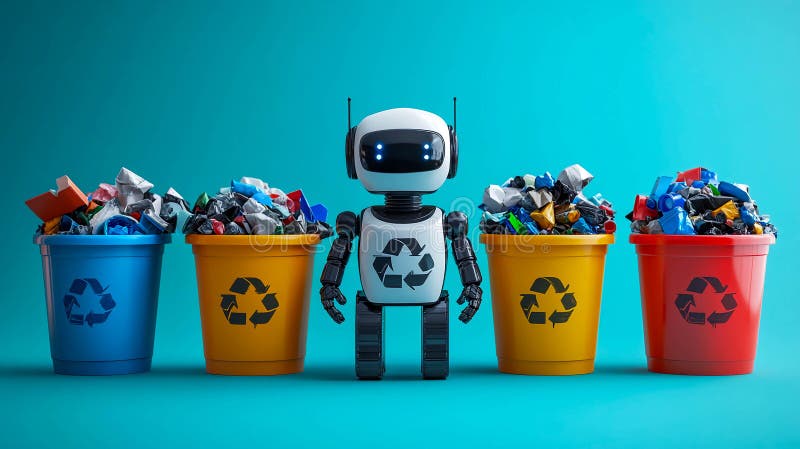 A Robot Standing between Four Multi-colored Trash Cans, Each ...