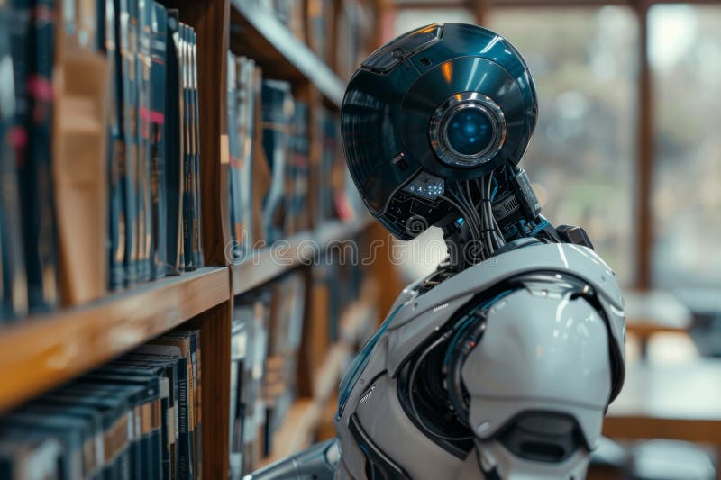 A Robot that is Standing in Front of a Book Shelf Stock Photo - Image ...