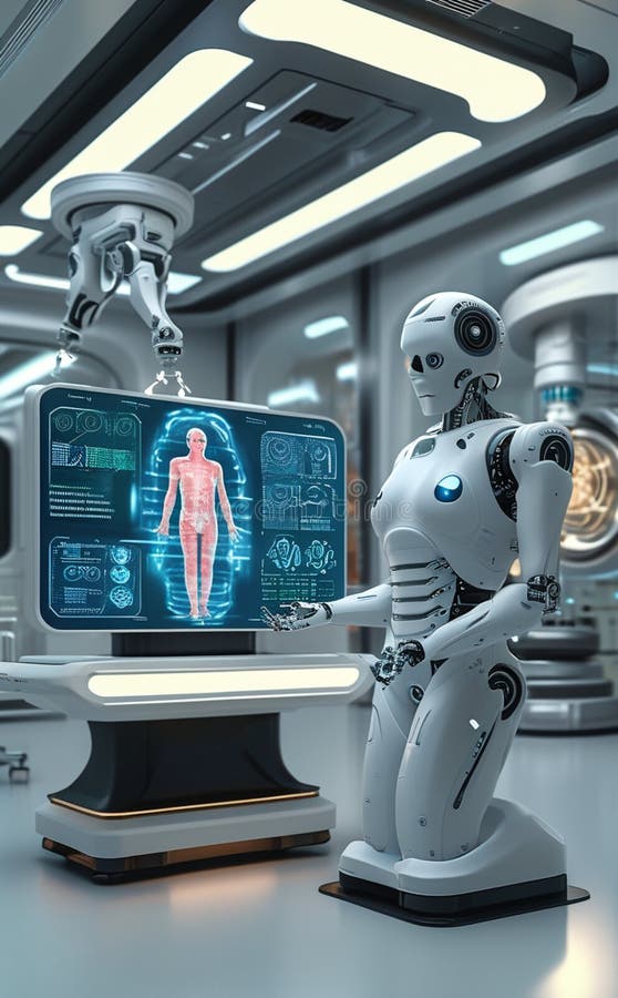A Robot is Standing in Front of a Computer Stock Illustration ...