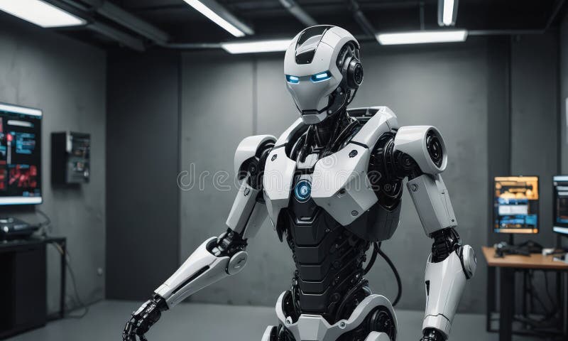 Robot Standing in Front Computer Monitor Stock Illustration - Illustration of female, machinery ...