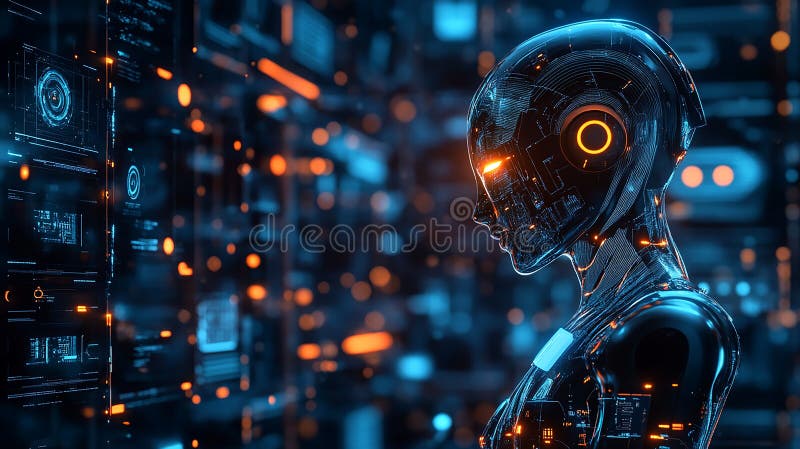 A Robot is Standing in Front of a Computer Monitor with a Blue ...