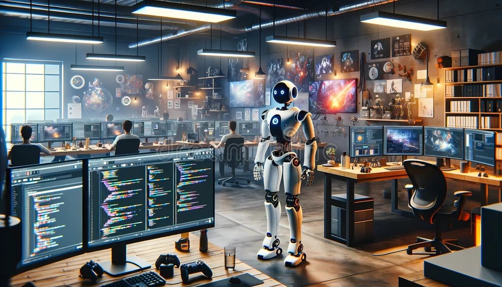 Robot Standing in Front of Computer Monitor. Generative AI Stock Image - Image of engineering ...