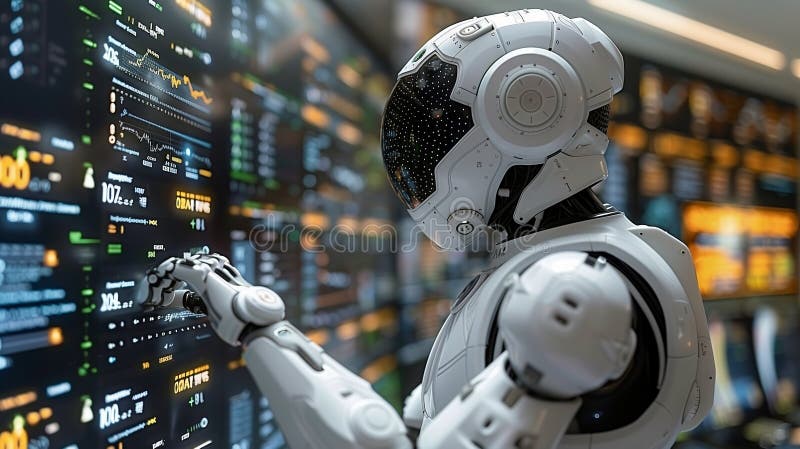 A Robot is Operating a Machine in Front of an Engineering Computer Screen Stock Illustration ...